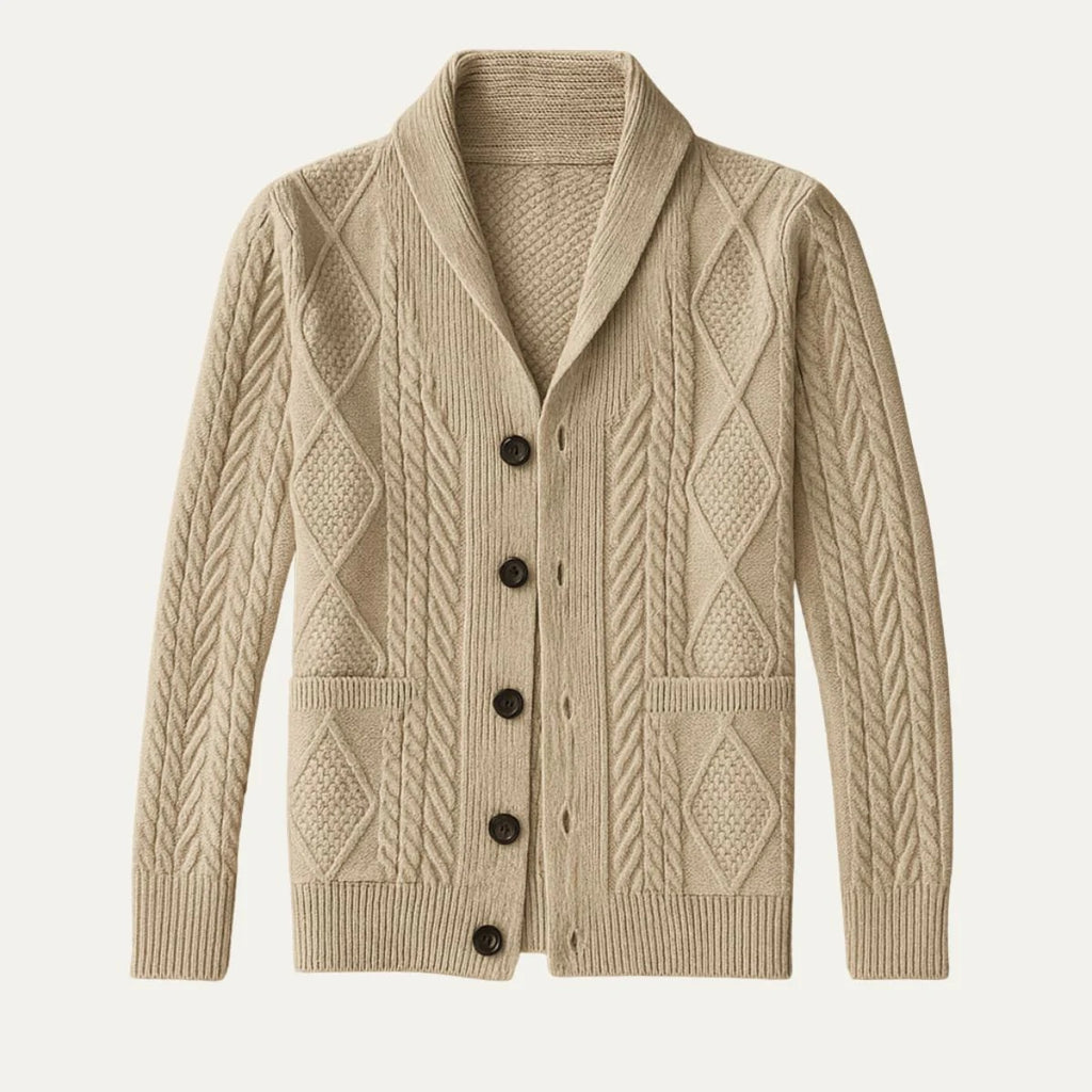 Men’s Cable-Knit Shawl Collar Cardigan - Classic Button-Up Winter Swea